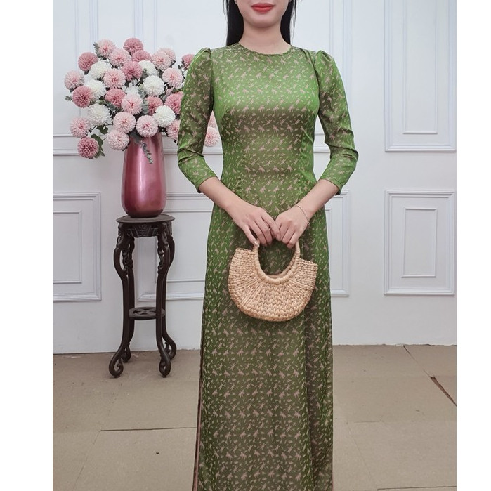 A2509 moss green brocade ao dai with tight collar and pink dragonfly sleeves (PANT NOT INCLUDED ...