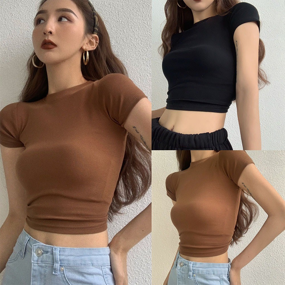 【READY STOCK AT Johor】 Hotgirl⭐Crop Top Tshirt Solid Color Women's Crop ...