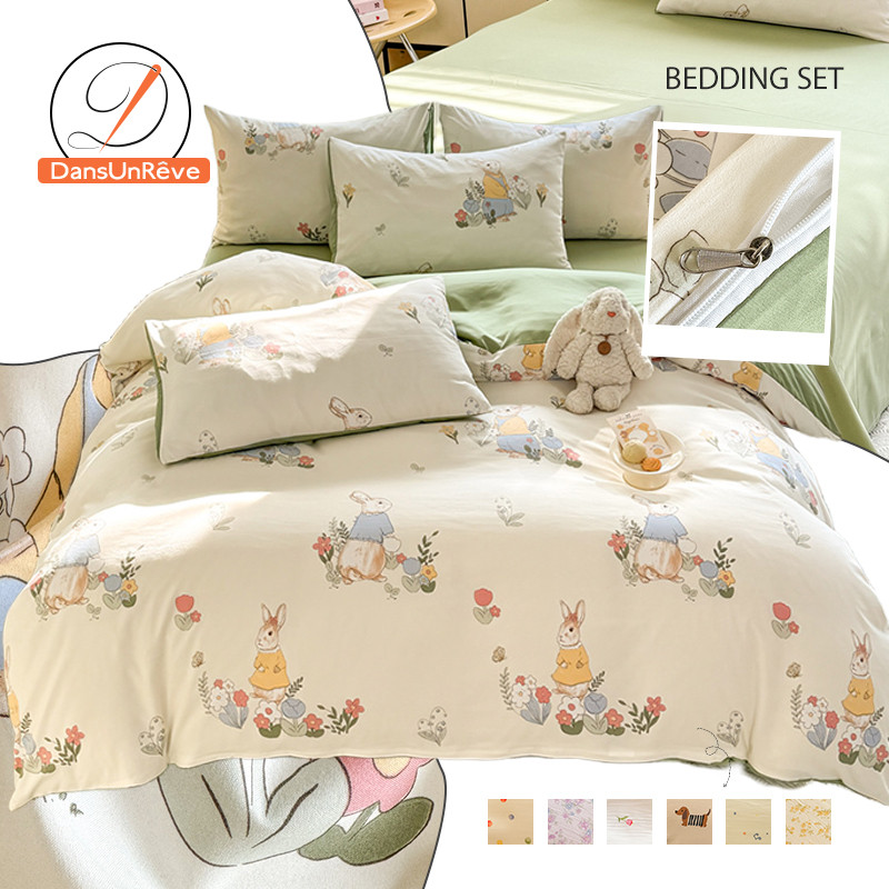 Rabbit Tulip Bedding Set 3/4in1 Floral Quilt Cover 萌兔被套套件 Set Katil ...