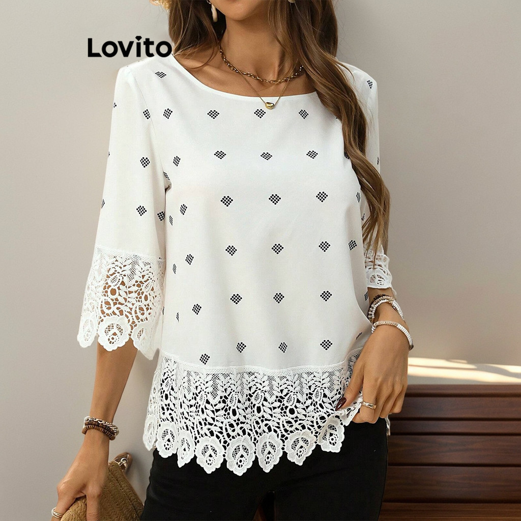 Lovito Casual Plain Lace Pattern Blouse for Women LBL14209 | Shopee ...