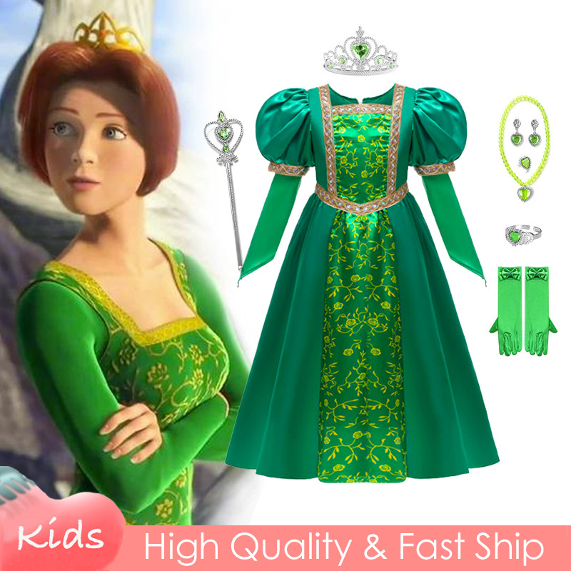 Princess Fiona Cosplay Costume Monster Shrek Green Dress For Kids Girl ...