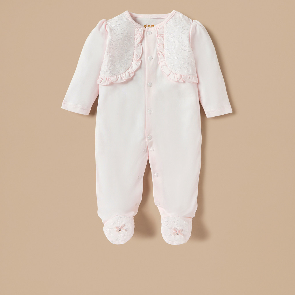 Giggles Embroidered Closed Foot Sleepsuit with Ruffle Detail and Long Sleeves | Shopee Malaysia