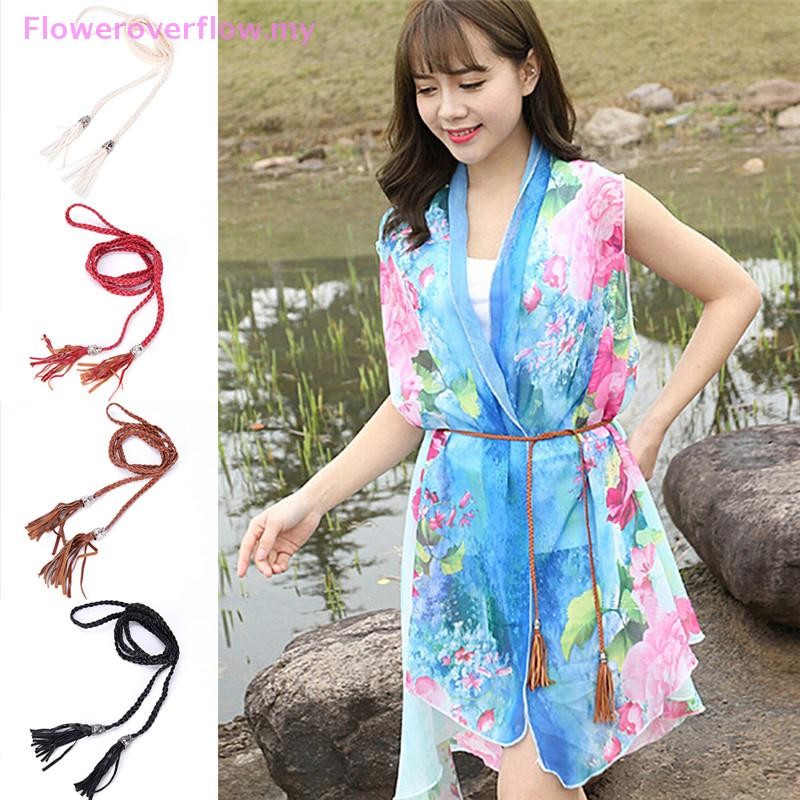 FOF Boho Women Simple PU Leather sel Braided Self-Tie Belt Thin Waist ...