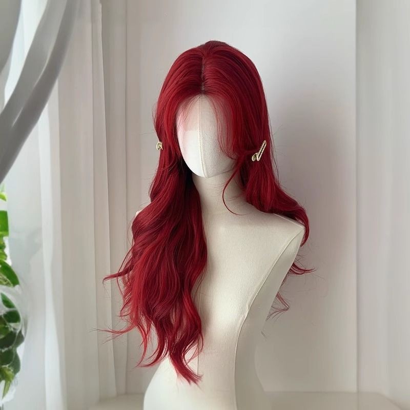 Meila Red Wig Forehead Lace Female Full Headgear Big Wave Curly Hair ...