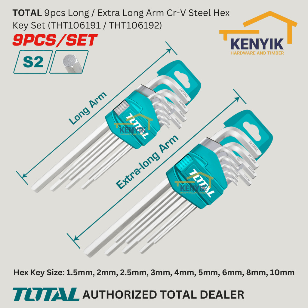 TOTAL 9pcs Long / Extra Long Arm Cr-V Steel Hex Key Set / Allen Key Set ...