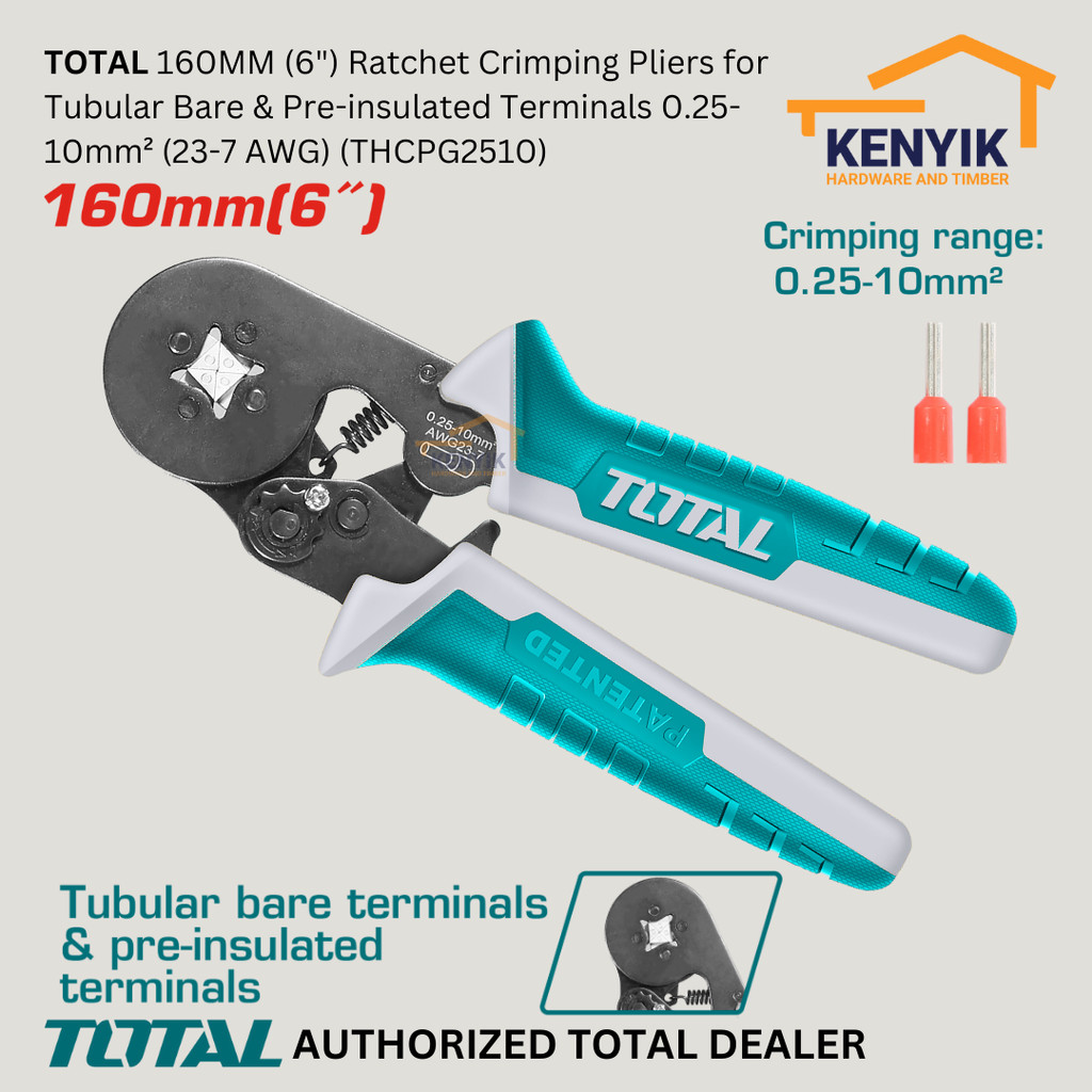 TOTAL 160MM (6") Ratchet Crimping Pliers for Tubular Bare & Pre ...