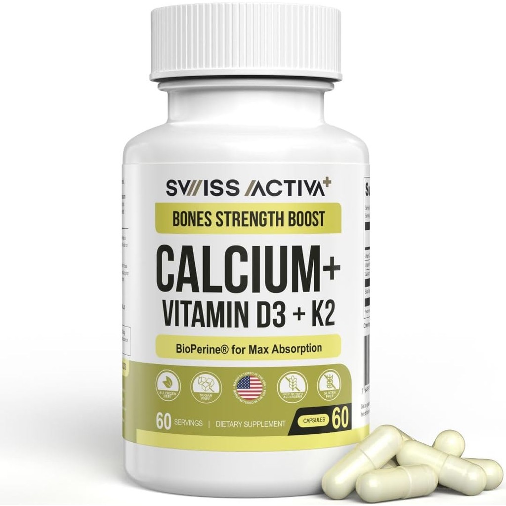 Swiss Activa+ Calcium with Vitamin D3 & K2 – Vegan, Non-GMO Bone ...