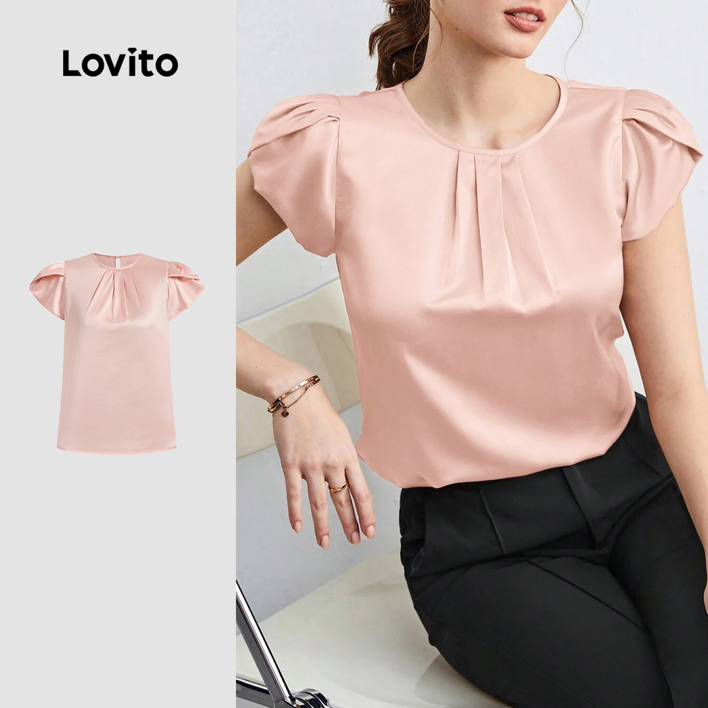 Lovito Elegant Plain Pleated Water Drop Blouse for Women L131LD1323 | Shopee Malaysia