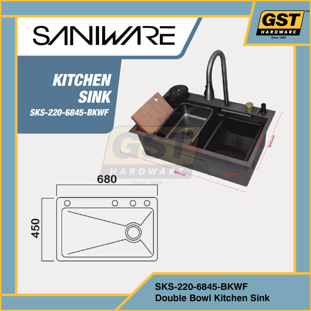 Saniware Black Double Bowl Kitchen Sink SKS-220-6845-BKWF 680x450x220mm ...