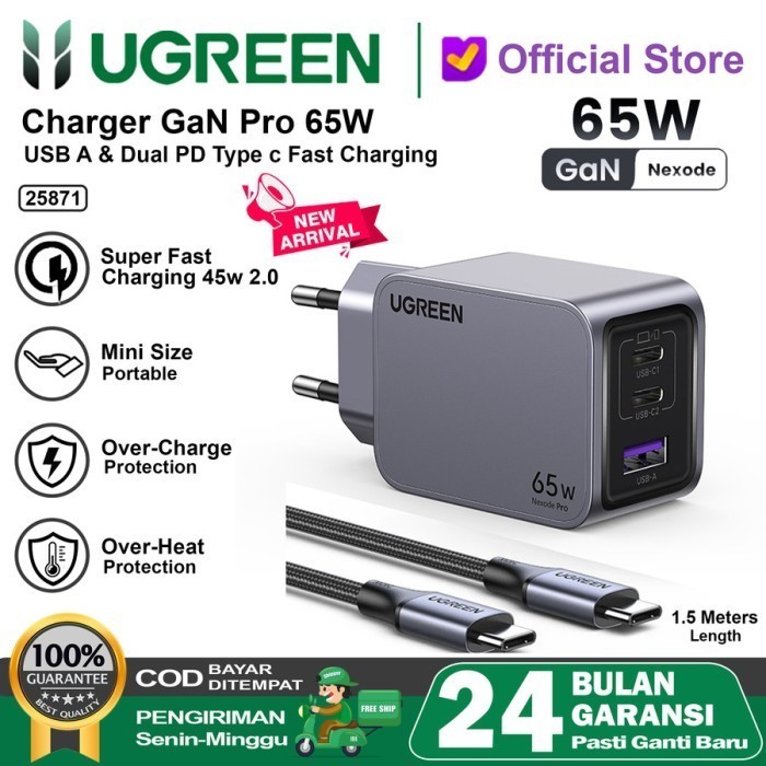 Ugreen Nexode Pro GaN Charger 65w 3 Port USB Type A/C PD QC PPS 1.5M | Shopee Malaysia