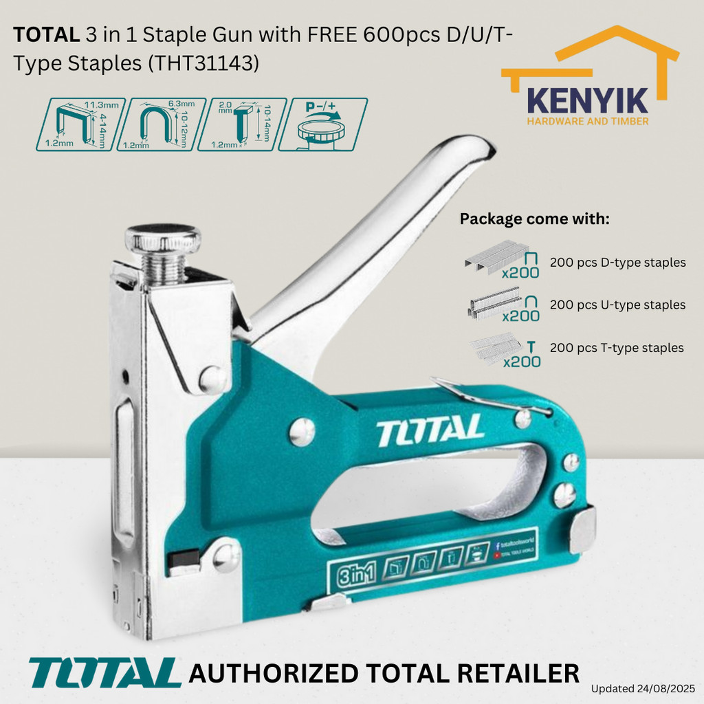 TOTAL 3 in 1 Staple Gun with FREE 600pcs D/U/T-Type Staples (THT31143 ...