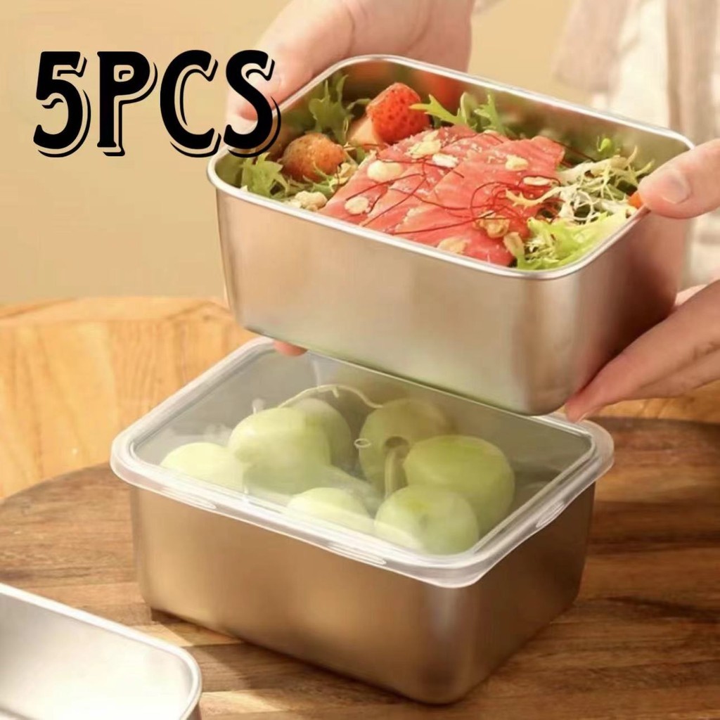 5PCS Stainless Steel Organizer Fresh-Keeping Storage Box with Lid Seal ...