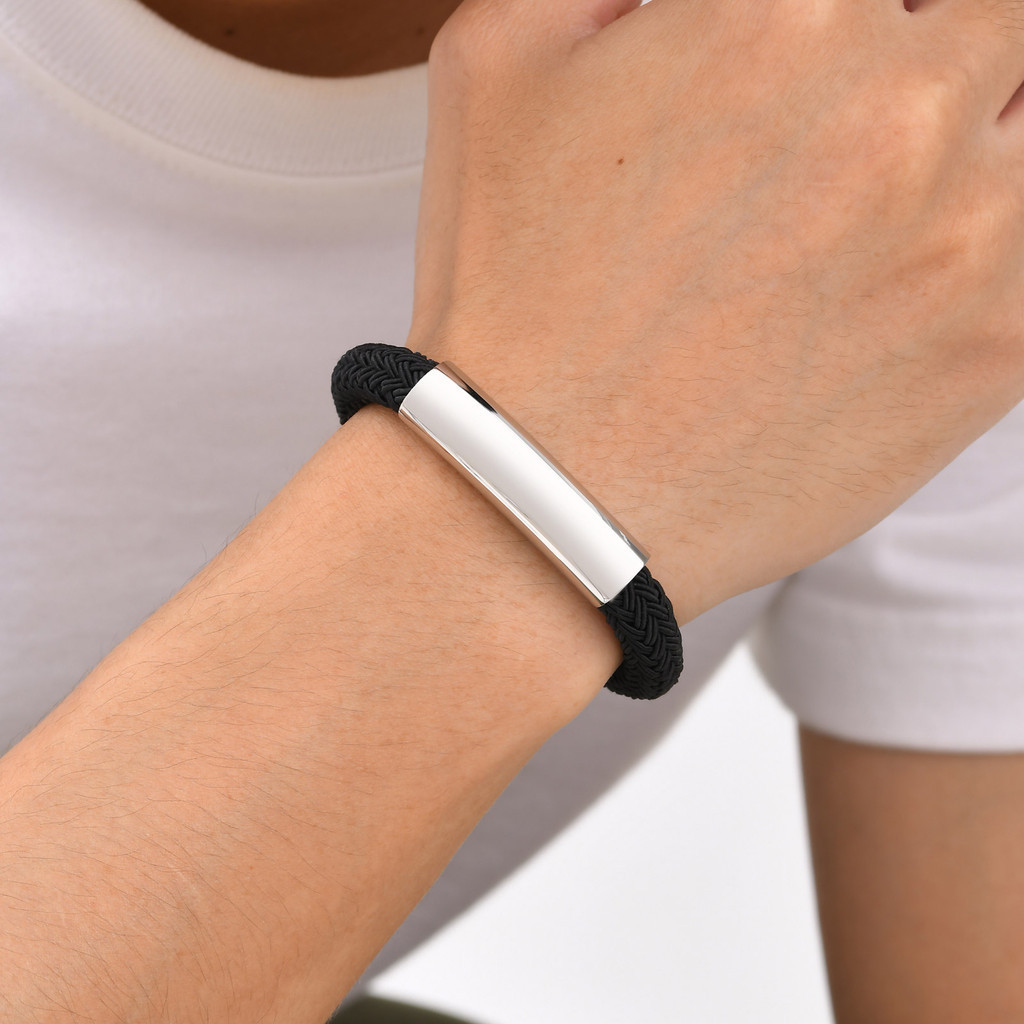Vnox Men Stainless Steel Bracelet Oval Bend Through Black Braided Nylon ...
