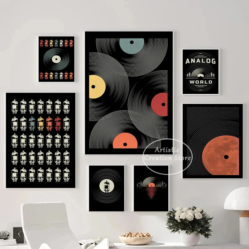 Vintage vinil dan tiub vakum Amp poster Retro Analog corak muzik ...
