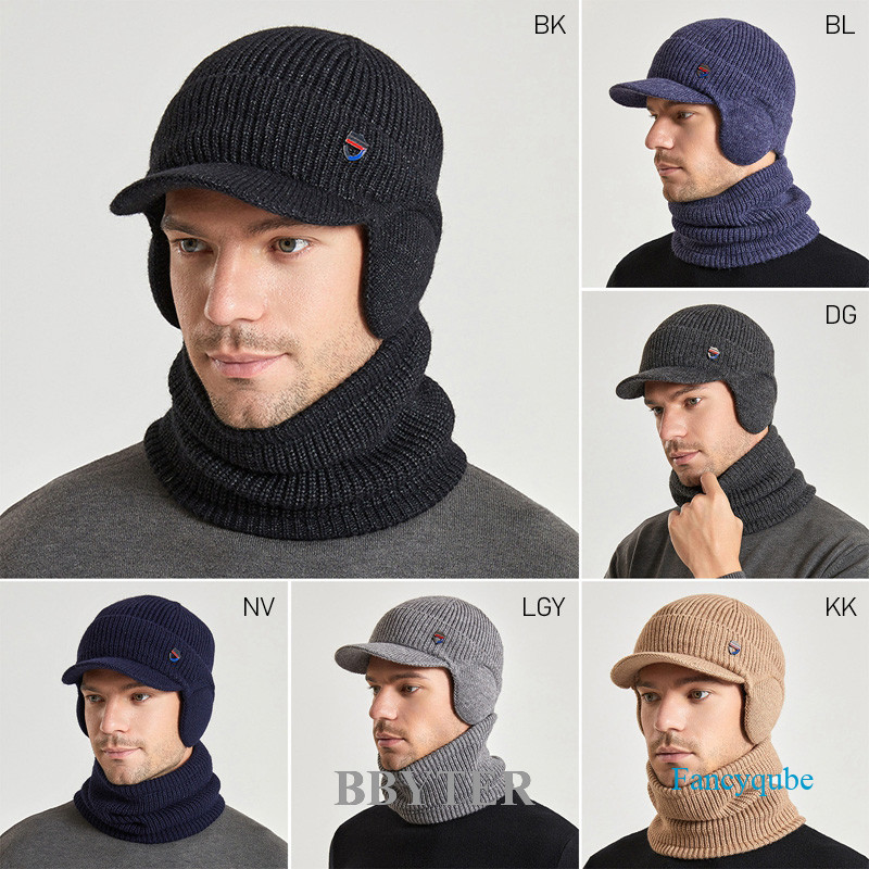 BBYTER Winter Ear Protection Hat Scarf Set For Men Outdoor Knitted Wool ...