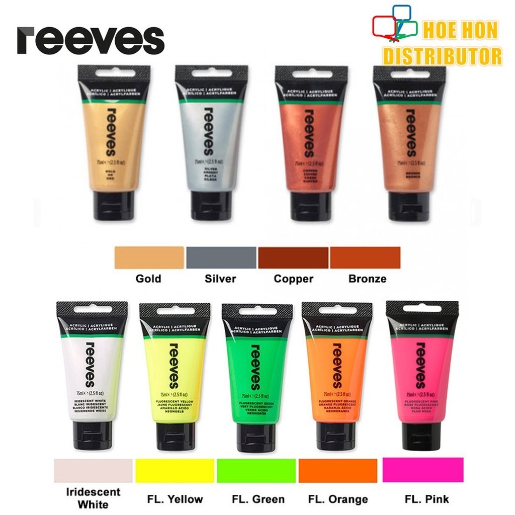 Reeves Fine Artist Acrylic Metallic Fluorescent Gold Silver Copper ...