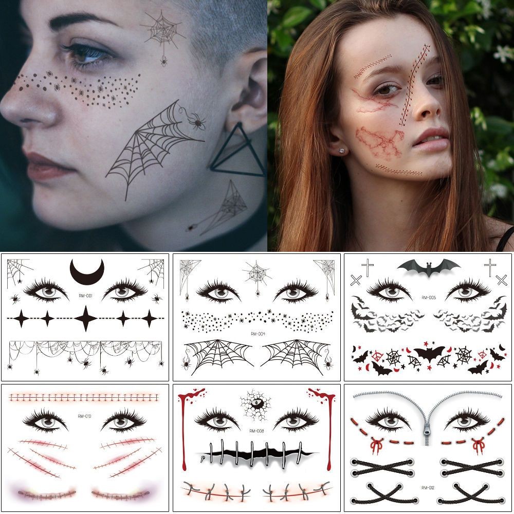 Halloween Face Tattoo Stickers Spider Web Scars Wound Bat Vampire Stage ...