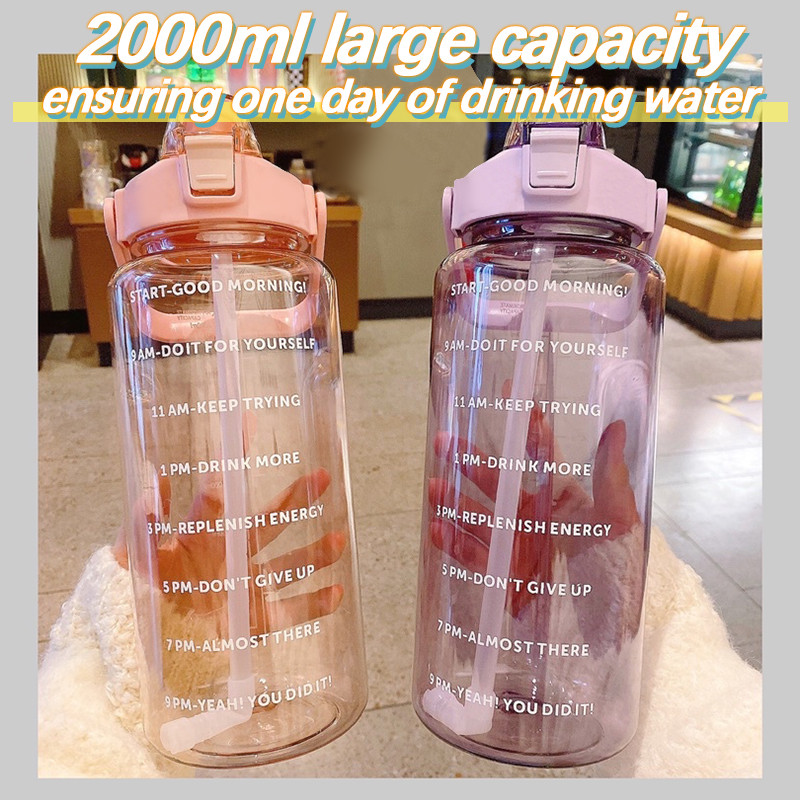 2L Large Capacity Water Bottle With Straw 2000ml Reminder Time Big Bottle Gym Sport BPA Free ...
