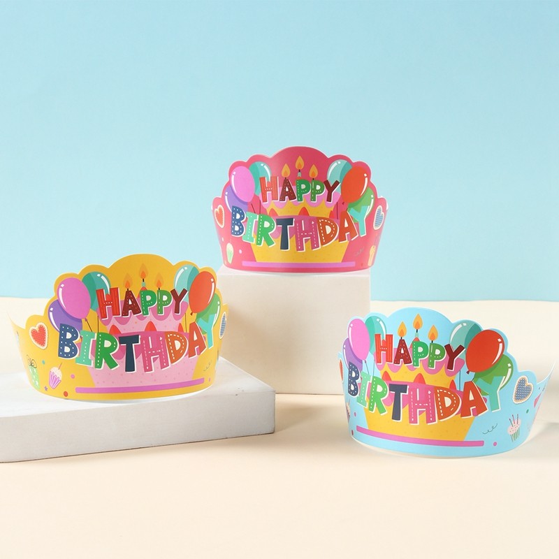 6PCS Happy Birthday Paper Hat Colorful Balloon Patterned Crown Birthday ...