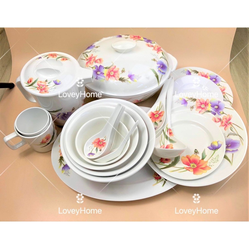 Melamine Hibiscus Dinner Set Plate Bowl Spoon Cup Jug Pinggan Mangkuk ...