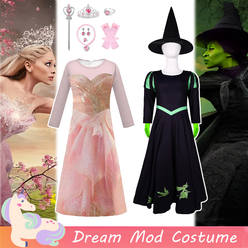 The Wizard Of OZ Wicked Cosplay Costume Elphaba Black Glinda Pink Dress ...