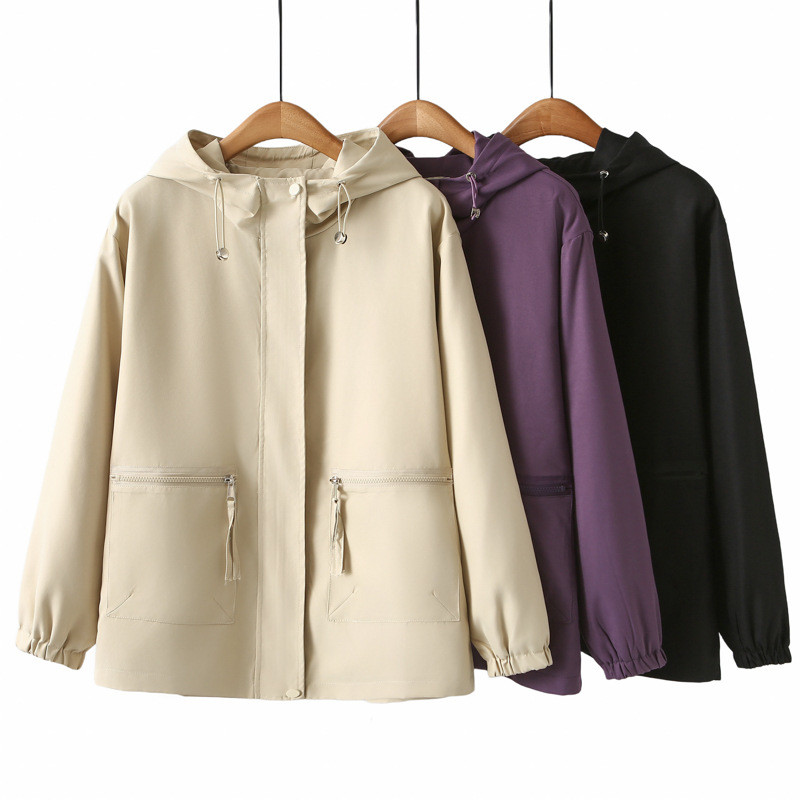 Plus Size Women's Solid Color Hooded Black Khaki Autumn New Jackets ...