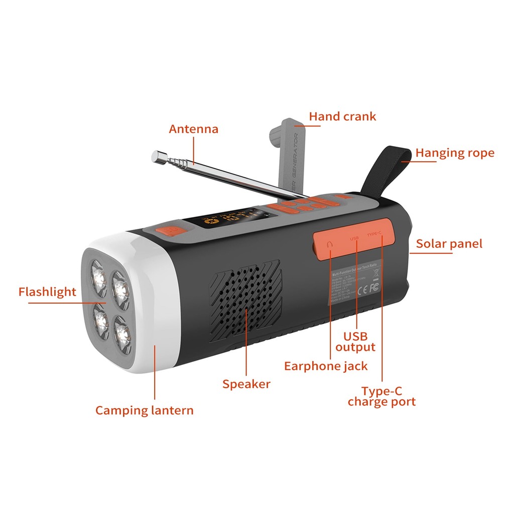 4500mAh Emergency AM/FM/SW Radio 3 Ways Powered USB C/Solar/Hand Crank ...