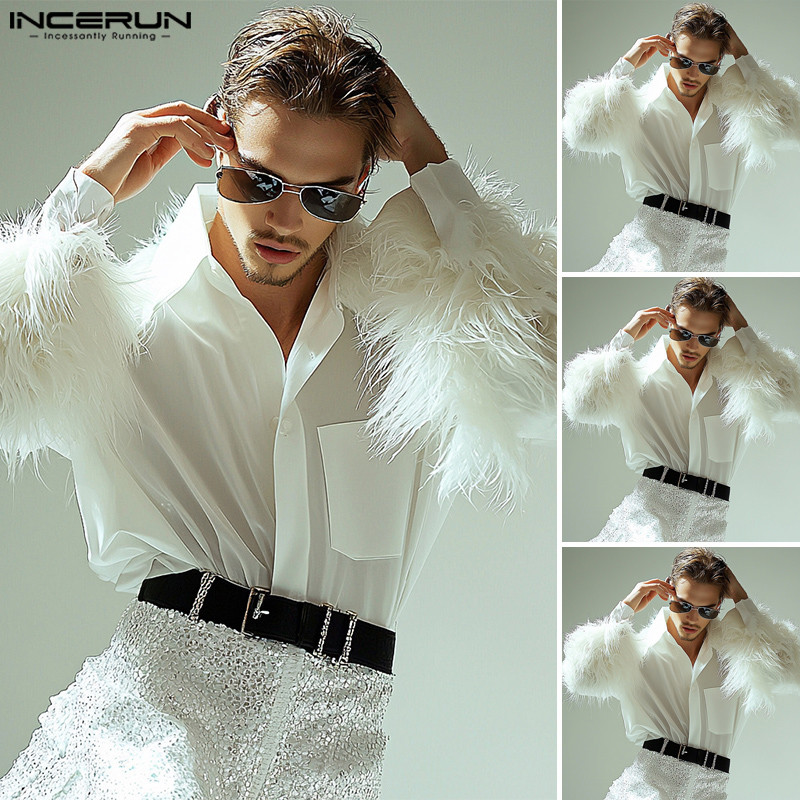 INCERUN Men Vintage Fashion Feather Stitching Color Long Sleeve Shirts ...