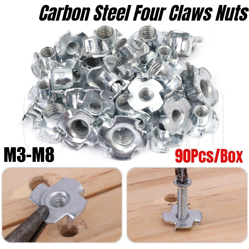 90Pcs/Box Carbon Steel Four Claws Nuts - Blind Inserts Nut - M3 M4 M5 ...