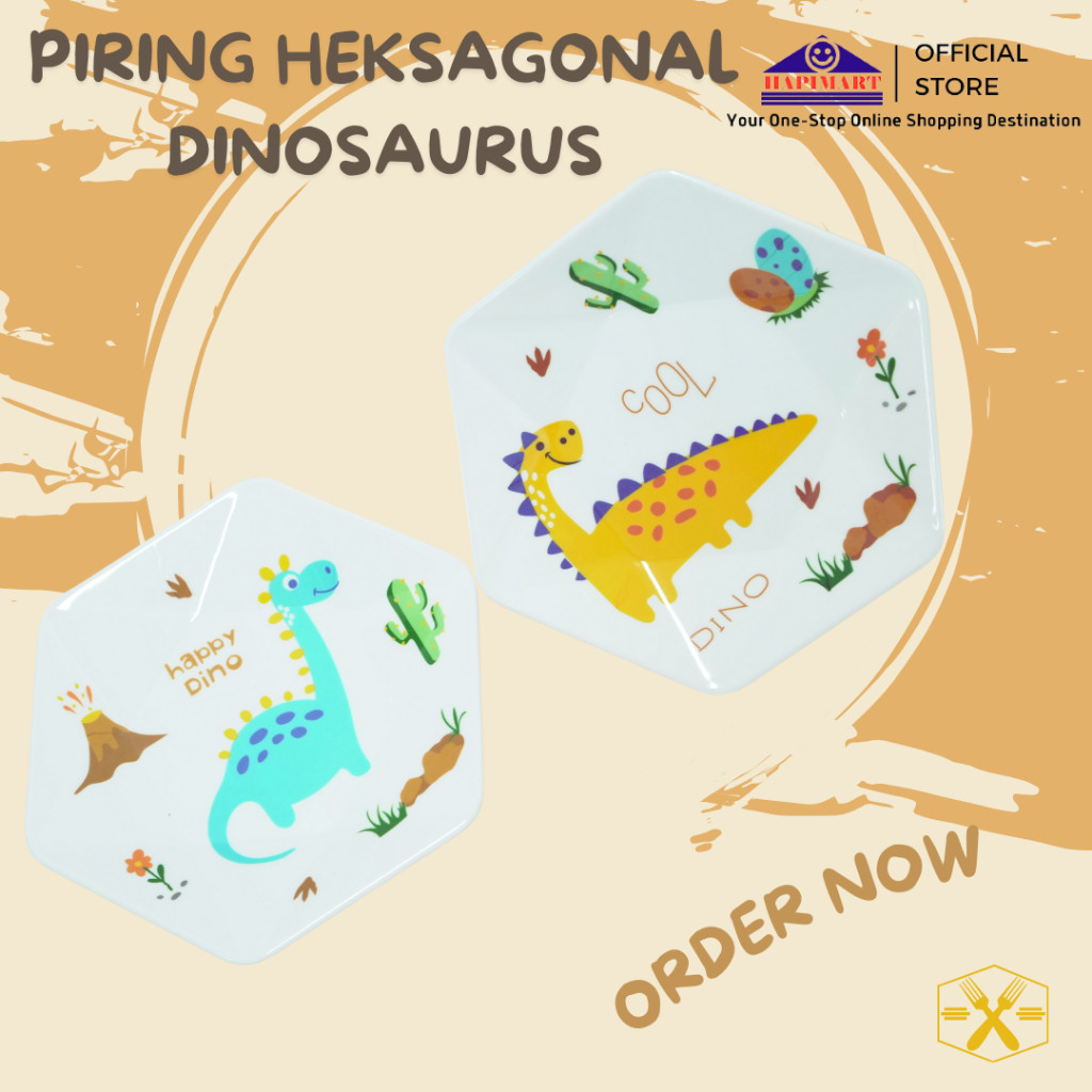Dinosaur Motif Melamine Hexagon Plate/Yellow and Blue Dinosaur Cute ...