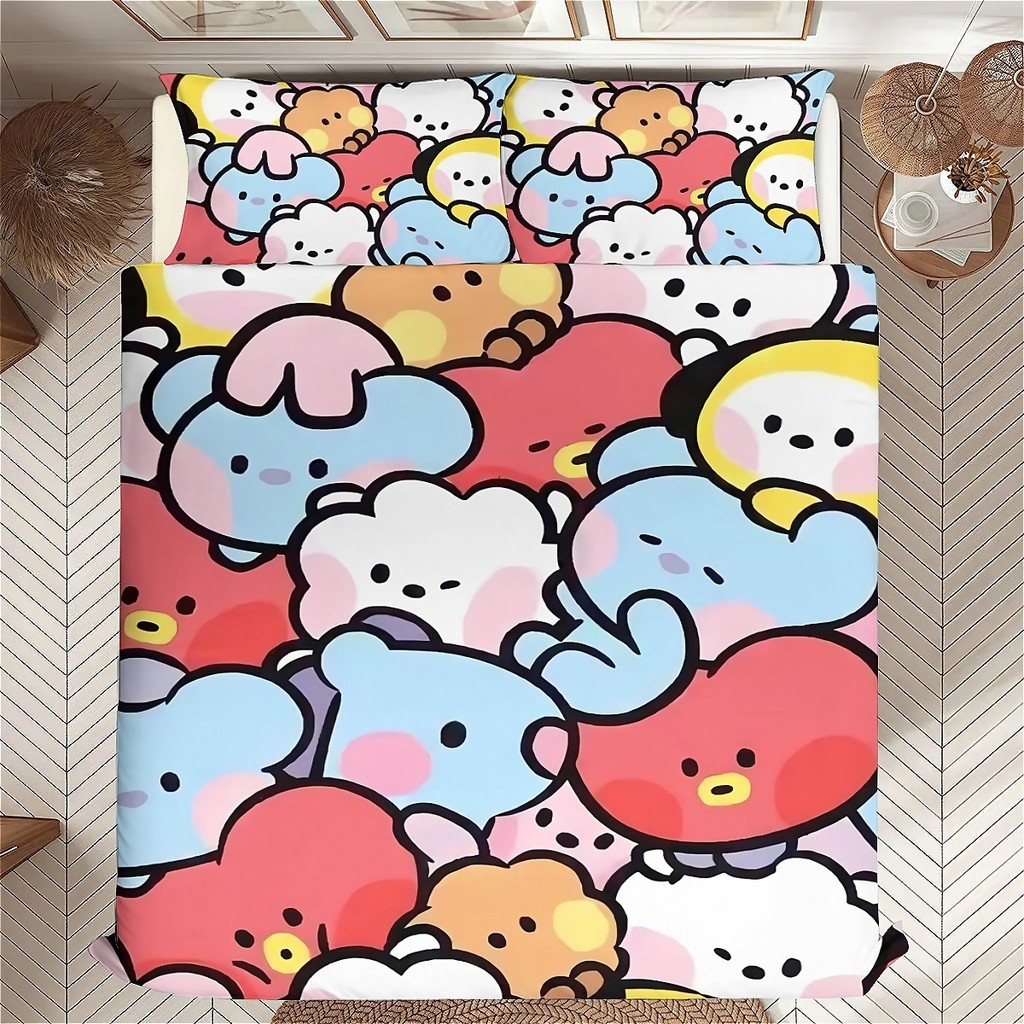 BTS BT21 3 in 1 3-Piece Bed Sheets Set 3D Print Quilt Set Soft 1 Quilt ...