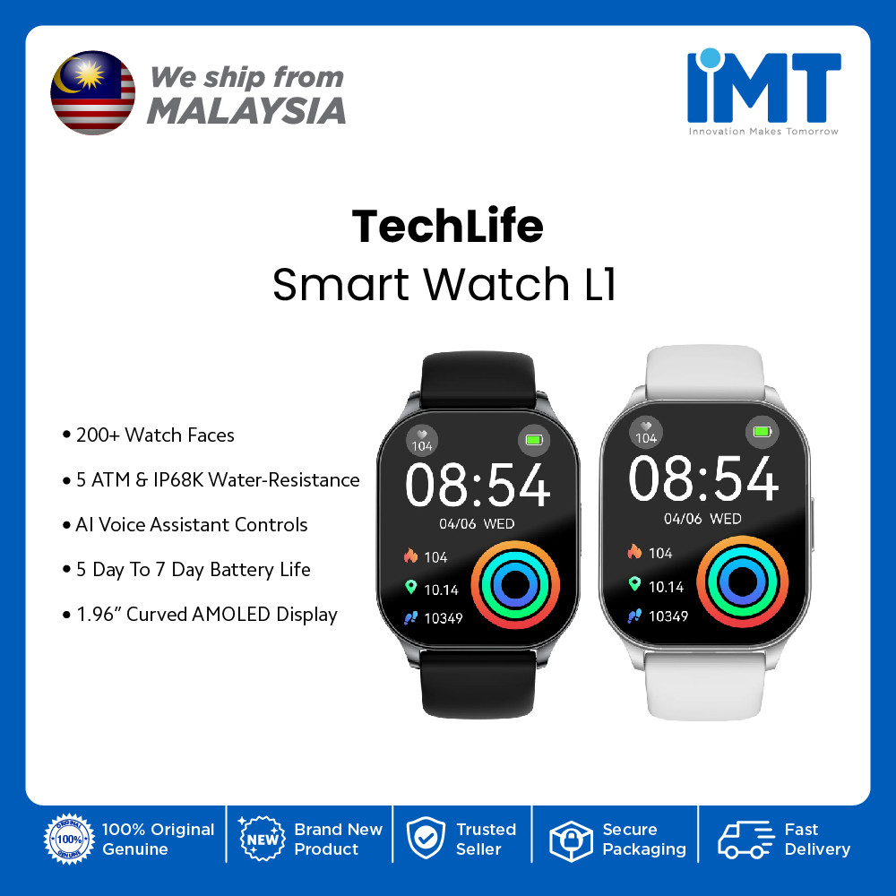 Techlife Smart Watch L1 | 1Paparan AMOLED .96” | Tahan Debu & Air IP68 | Pembantu Suara AI ...