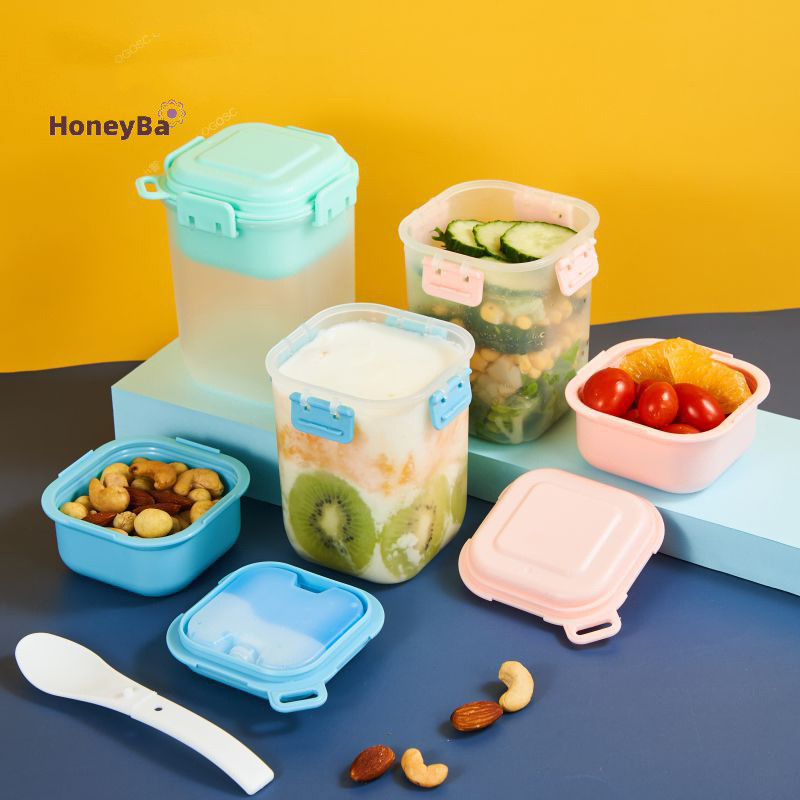 honeybee1 Portable Bilayer Salad Cup Breakfast Plastic Cup With Spoon ...