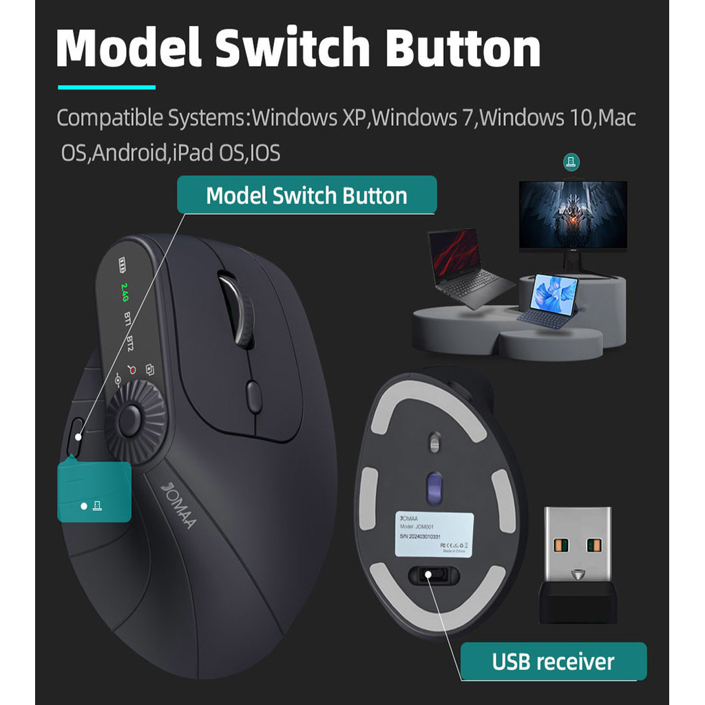 Vertical Wireless Mouse With Function Adjustment Knob Bluetooth 2.4G ...