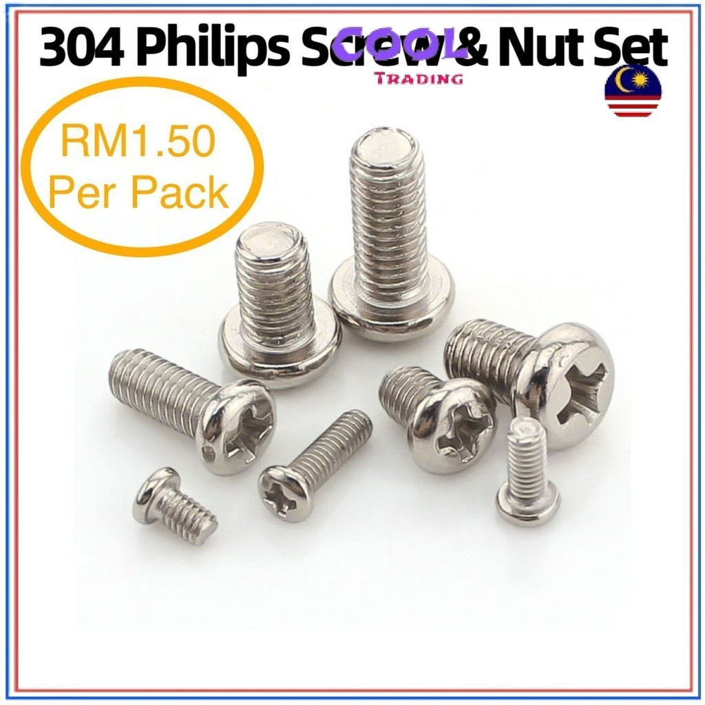 🔥RM1.50🔥 Per Pack Phillips Round Screw & Nut Set 304 Stainless Steel M2 ...