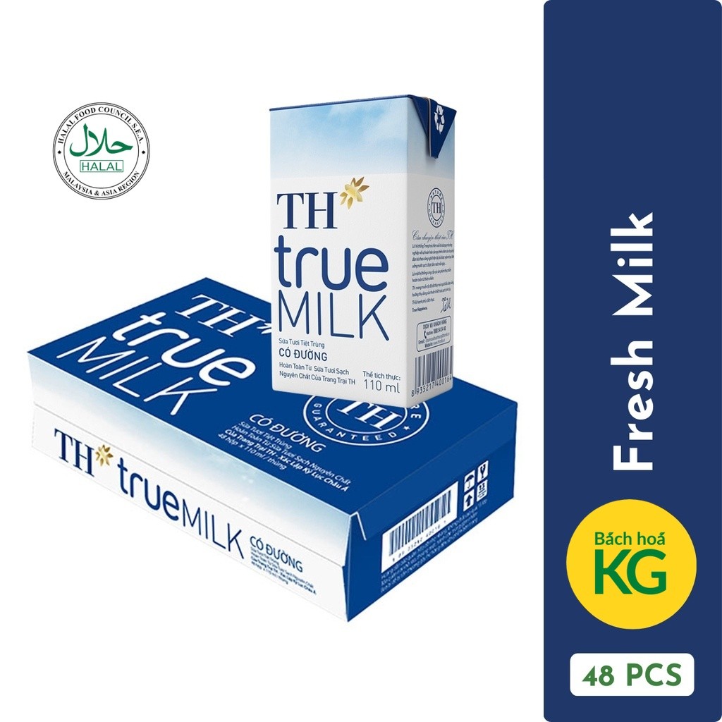 TH True MILK Swweetened/ Less Sugar UHT Fresh Milk 1 Carton (180ml x 48 ...