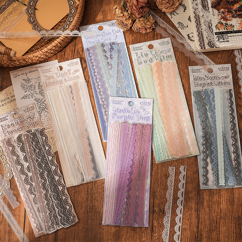 40 Pcs/pack Colorful Lace Stickers Set Vintage PET Lace Stickers For ...