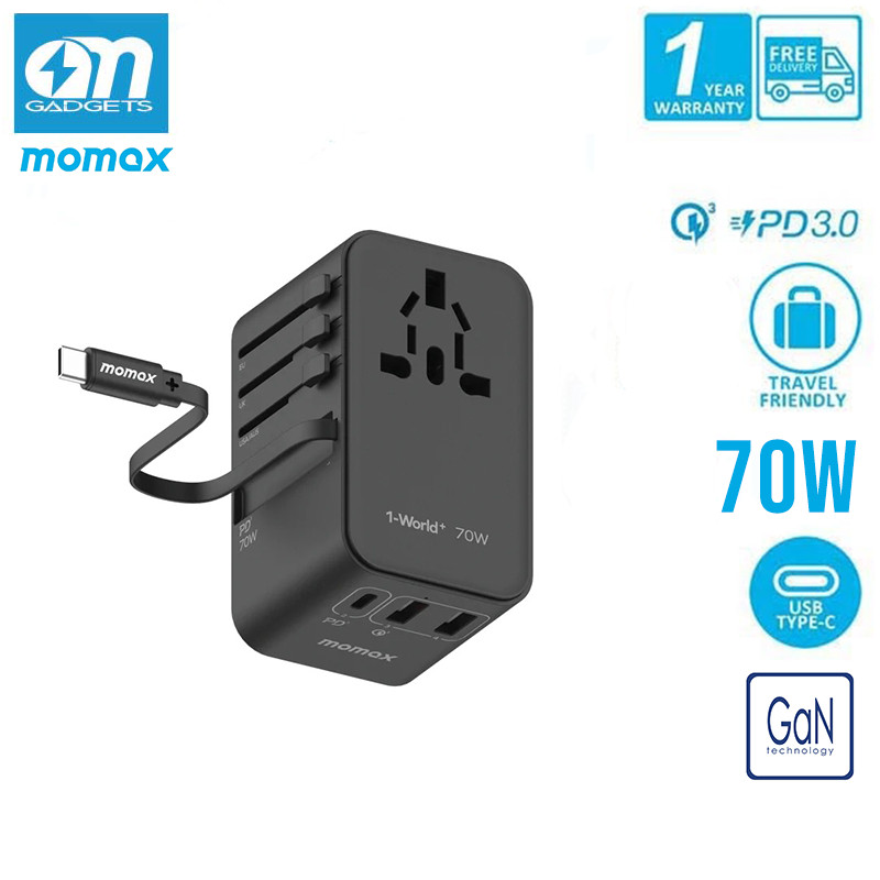 Momax UA18D 1-World+ 70W GaN 3Ports with Built-in USB-C Cable -65cm ...