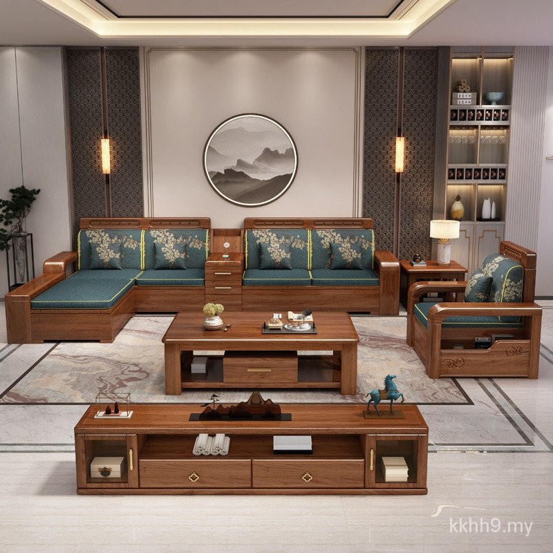 Gabungan sofa kayu pepejal kayu walnut, ruang tamu gaya Cina baru ...