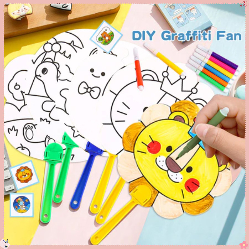 DIY Graffiti Painted Fan Coloring Fans Kids Learning Painting Handmade ...