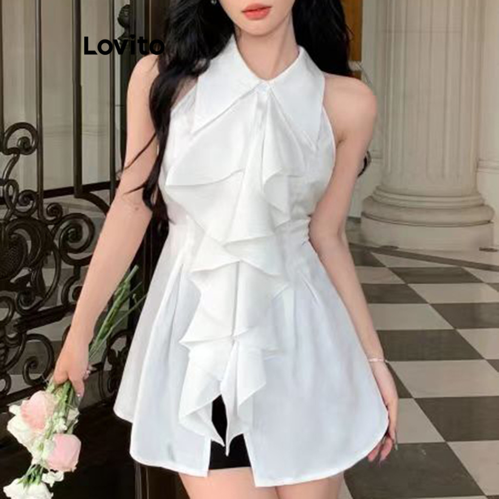 Lovito Elegant Blouse Plain Ruffle Structure Line Blouse for Women ...