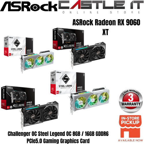 ASRock Radeon RX 9060 XT Challenger OC Steel Legend OC 8GB / 16GB GDDR6 PCIe5.0 Gaming Graphics ...