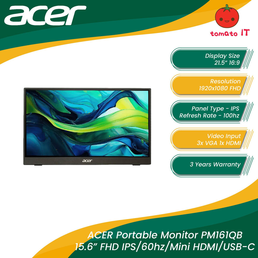 ACER Portable Monitor PM161QB - 15.6" IPS/FHD/60Hz/Mini HDMI/USB-C ...