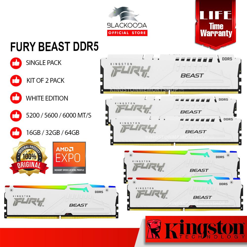 Kingston FURY Beast DDR5 White RGB Desktop Gaming AMD EXPO Memory RAM - 5200MHz/5600MHz/6000MHz ...