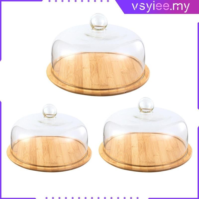 [2-Day Delivery] Round Glass Cover Serving Tray Cloche Bamboo Cake ...