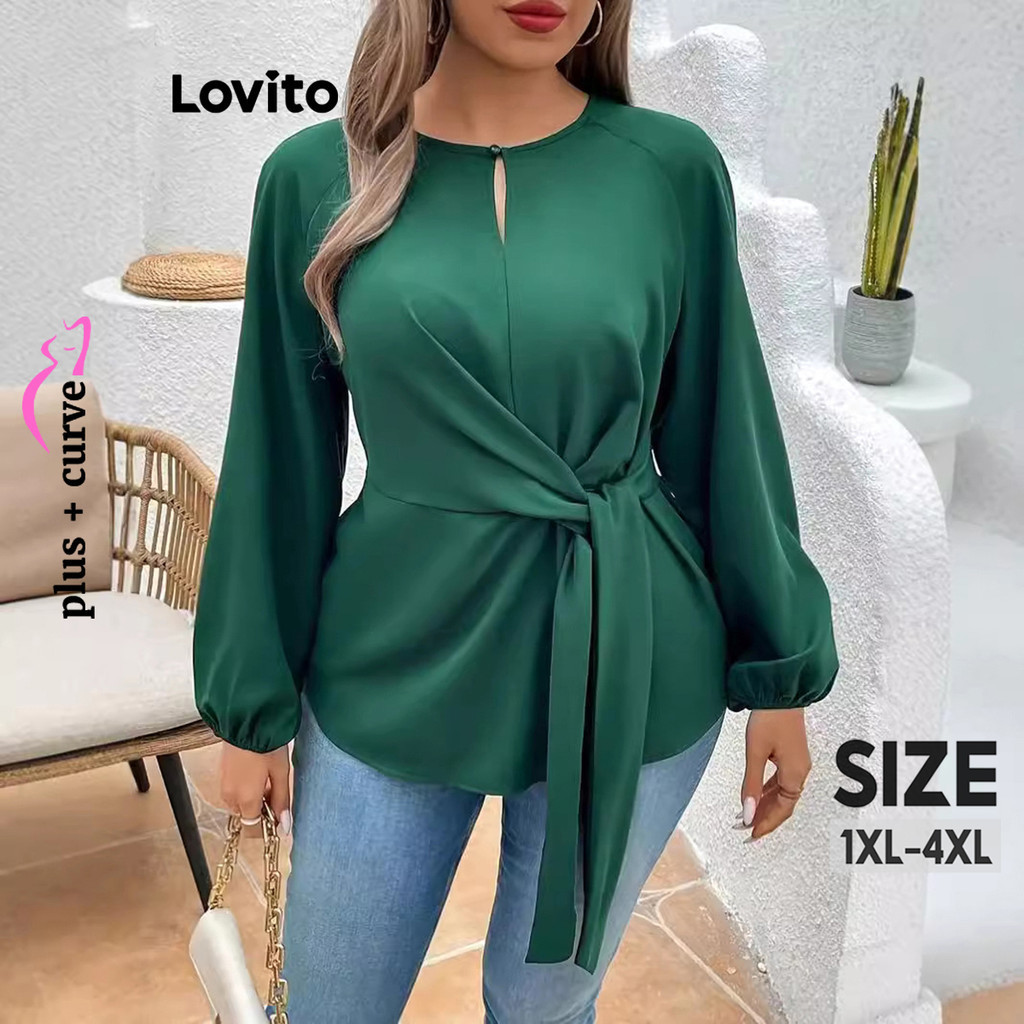 Lovito Plus Size Curve Casual Plain Tie Front Blouse for Women LNL72057 ...