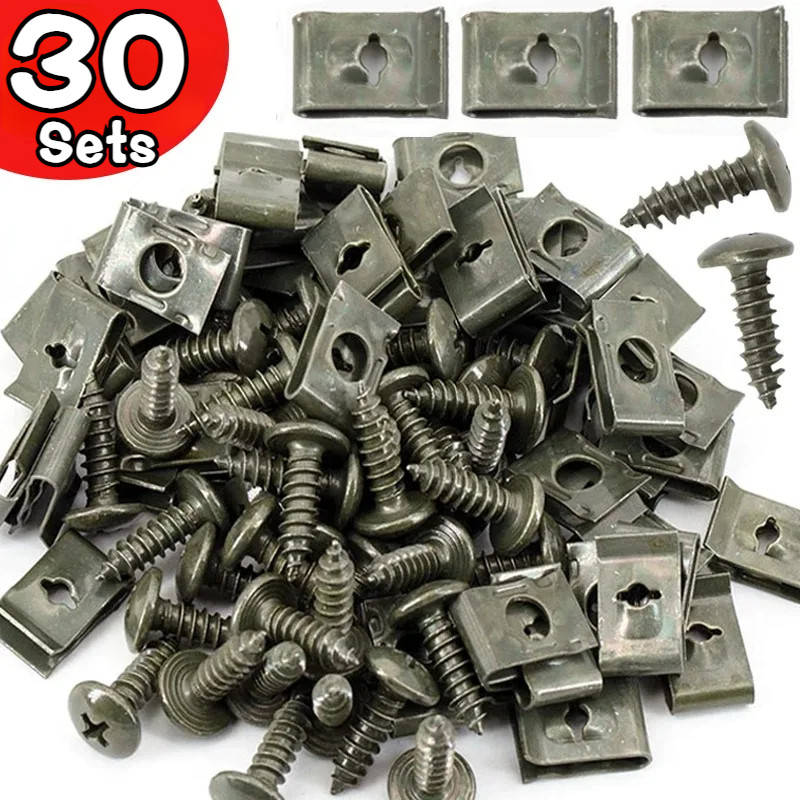 30Sets Metal U-Type Fastener Clip Self-tapping Screw Clips Car ...