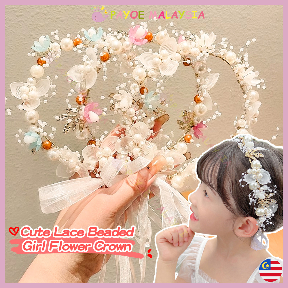 Payoe Flower Crown Sweet Pearl Ribbon Headband Girls Cute Lace Garland ...