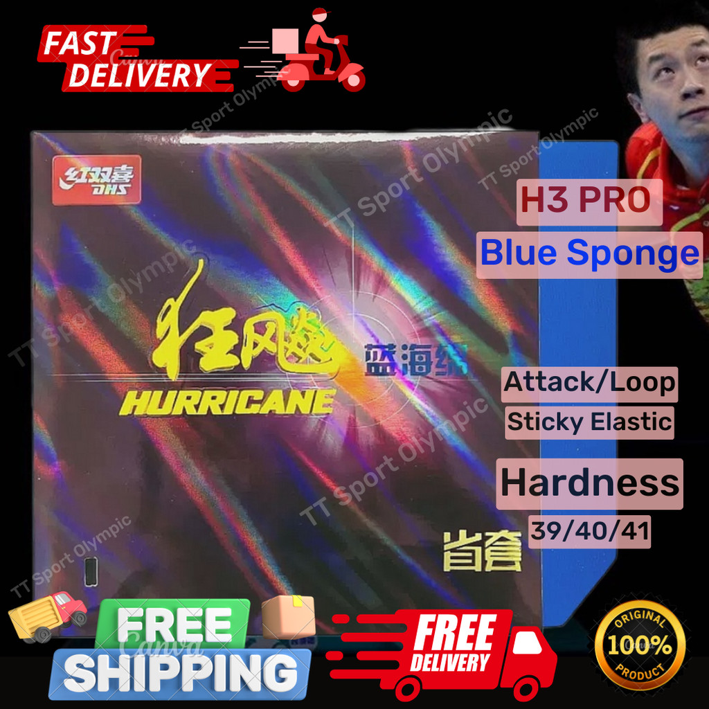 DHS H3 Hurricane 3 Provincial Blue Sponge Sticky Elastic Rubber PRO ...