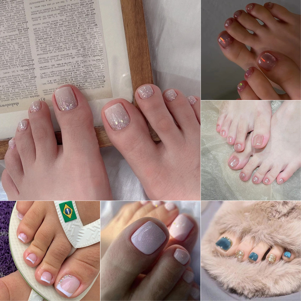 24PCS Brand New Popular Toenail Minimalist French Style Sparkling Full ...